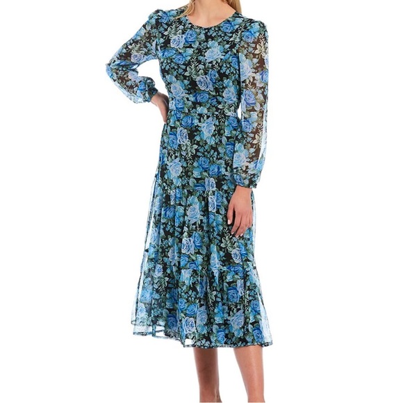 Wayf | Dresses | Wayf Dress Blue Floral Print Long Blouson Sleeve Open ...